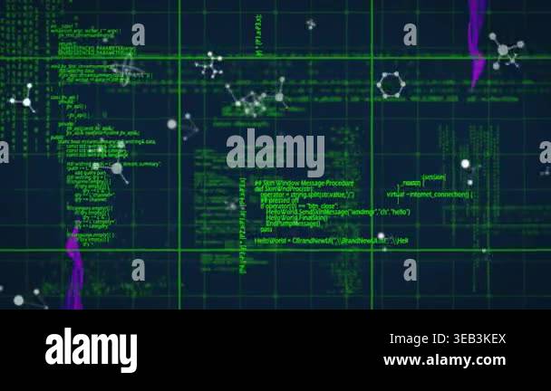 Molecular structures floating over purple digital waves and data ...
