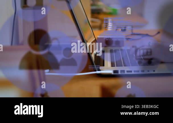 Animation of technology icons over caucasian woman using laptop ...