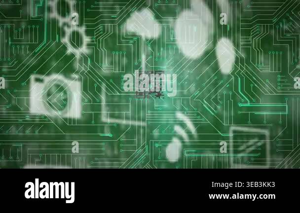 Animation of tech icons over qr code and integrated circuit on green ...