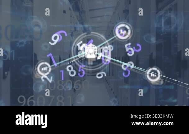 Animation of numbers, network of connections with icons over computer ...