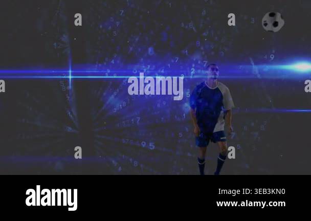 Neon qr code scanner and blue light spots against male soccer player ...