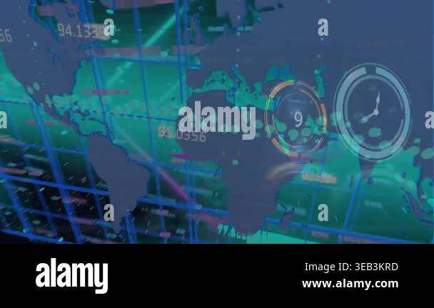 Animation of data processing over world map. Global connections digital ...