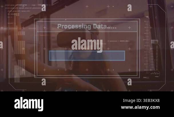 Animation of interface with data processing over caucasian woman ...