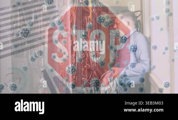 Animation of virus cells, stop sign and icons over caucasian man ...