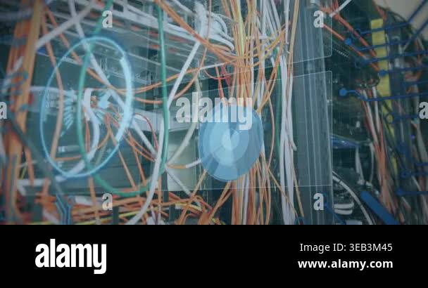 Animation of data processing over cables of computer server. global ...