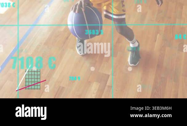 Teen athlete dribbling basketball on court initiating tech overlay with ...