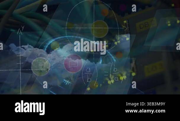 Mathematical equations and digital icons over clouds in the sky against ...