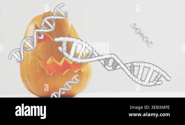 Stylized 3D DNA helices entering from left, drifting across still ...