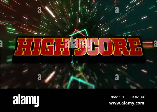 High score text animation over colorful geometric shapes and light ...