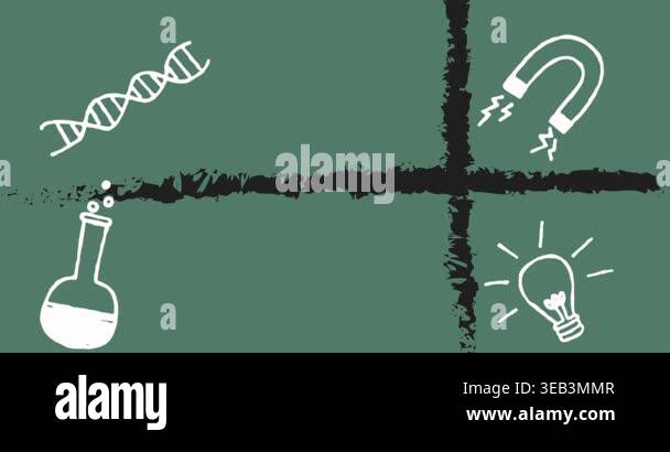 A white dna strand and various chemistry icons moving on a black ...
