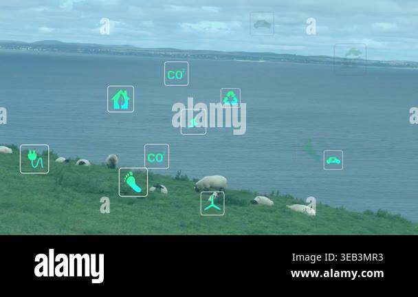 Animation of ecology icons over seaside landscape. Global ecology ...