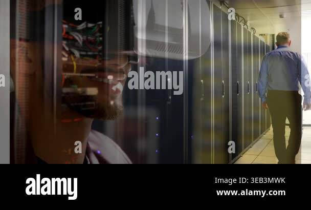 Animation of server room over man using vr headset. global technology ...