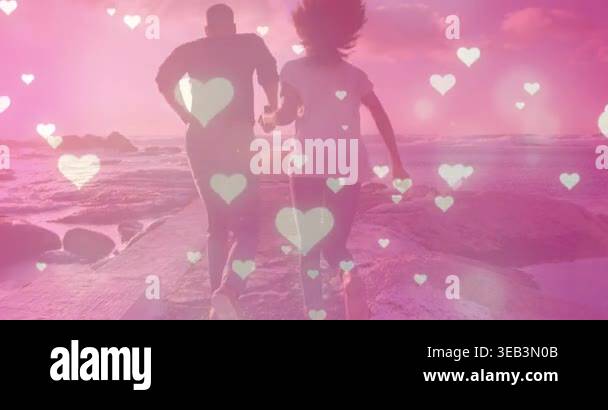 Animation of heart icons over african american couple running. Spending ...