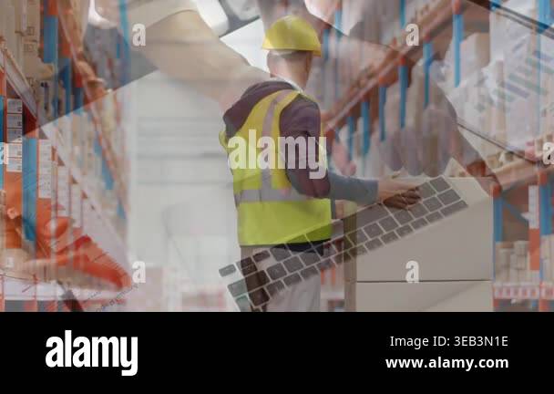 Animation of caucasian warehouse worker over person using laptop ...