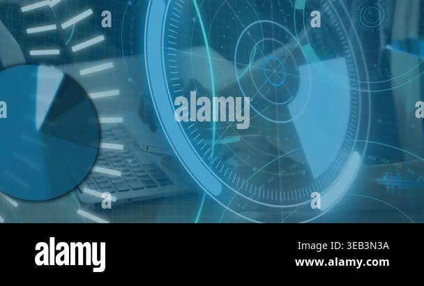 Animation of 5g text banner and round scanners over mid section of ...