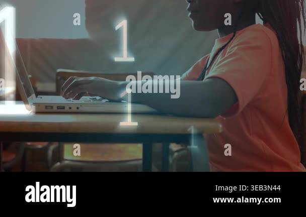 Animation of binary code over african american girl using computer ...