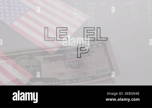 Animation of level up text and data processing against dollar bills and ...