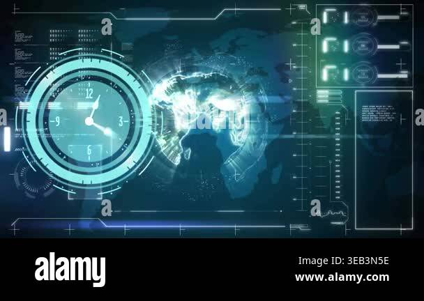 Animation of clock over person using laptop with network of people ...