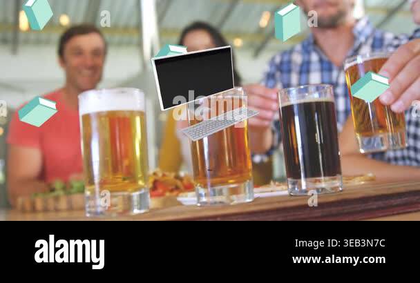 Animation of back to school text and icons over diverse friends at bar ...