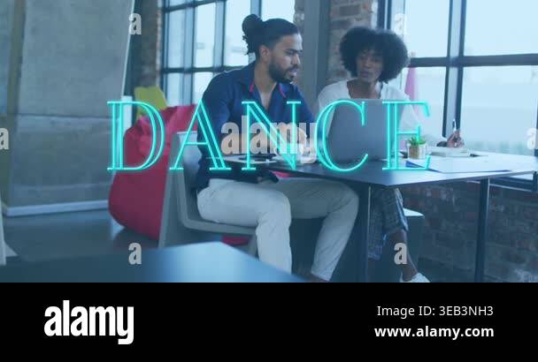 Animation of dance text over diverse business people using laptop ...