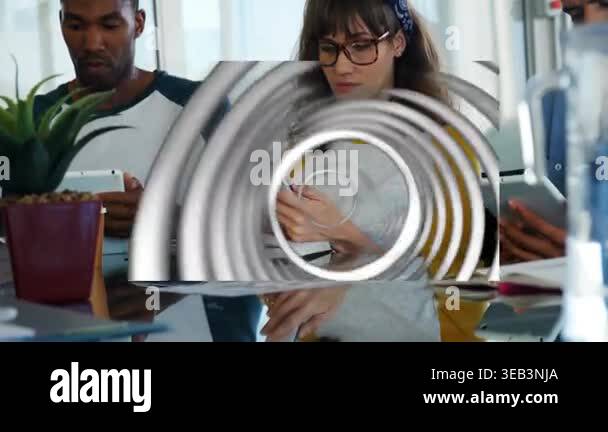 Animation of circles over diverse business people using tablets. Global ...