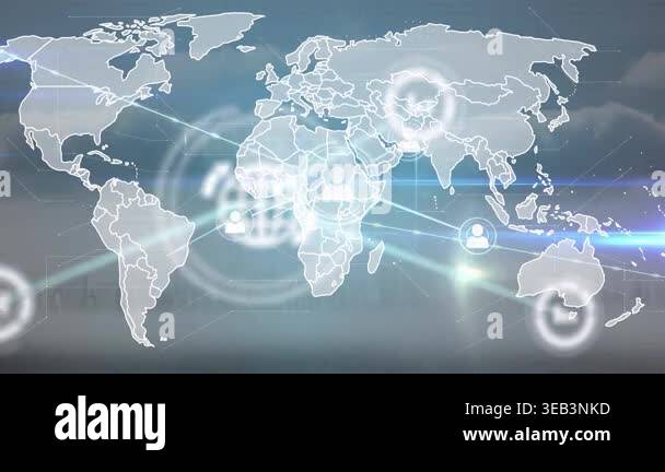 Animation of network of connections with icons over world map. Global ...