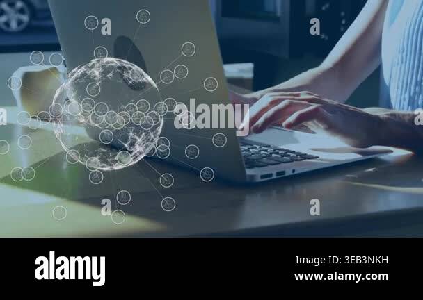 Animation of icons and globe over caucasian businesswoman using laptop ...