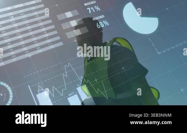 Financial data charts and pie graphs animation over person analyzing ...