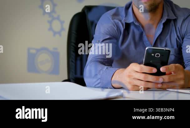 Animation of multiple digital icons over caucasian man using smartphone ...