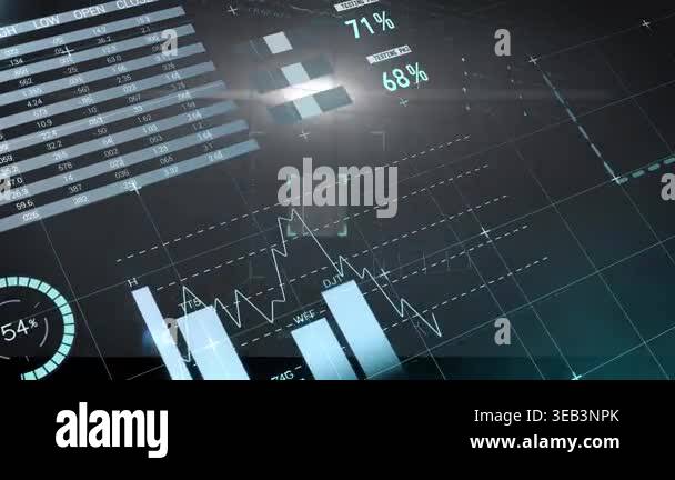 Animation of hud interface with qr code, graphs, and moving lines ...