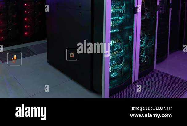 Animation of eco icons and data processing over computer servers ...