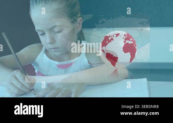 Animation of spinning globe and world map against caucasian girl ...