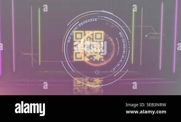 Animation of globe, qr code in circles with big data text, numbers over ...