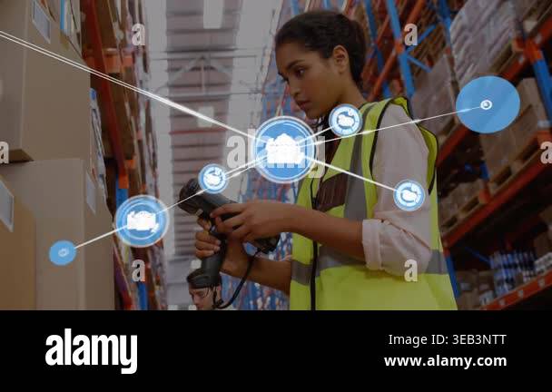 Animation of icons connected by lines over female worker scanning box ...