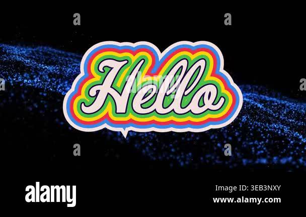 Animation of hello text over spots moving. Abstract background and ...