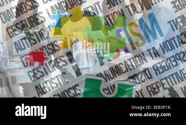 Animation of puzzle and autism text over diverse business people ...