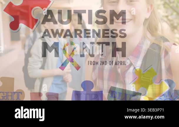 Animation of puzzle pieces and autism awareness month text over diverse ...