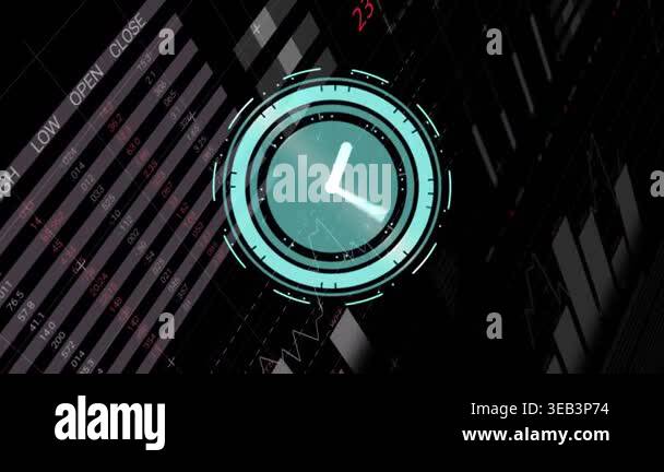 Animation of clock over graphs and data over black background. Data ...