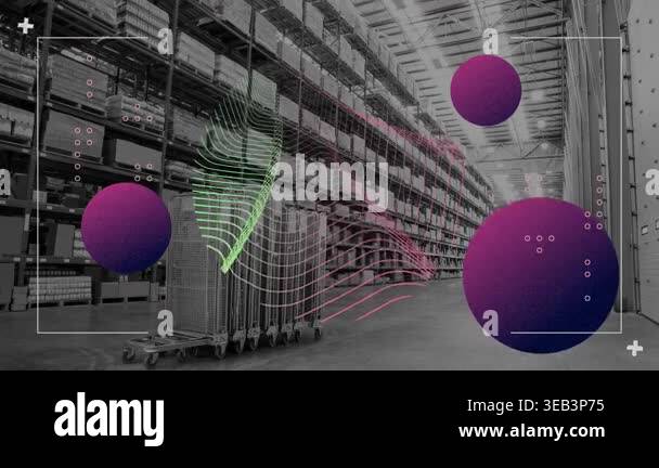 Animation of globe and red line over warehouse. Global social media ...