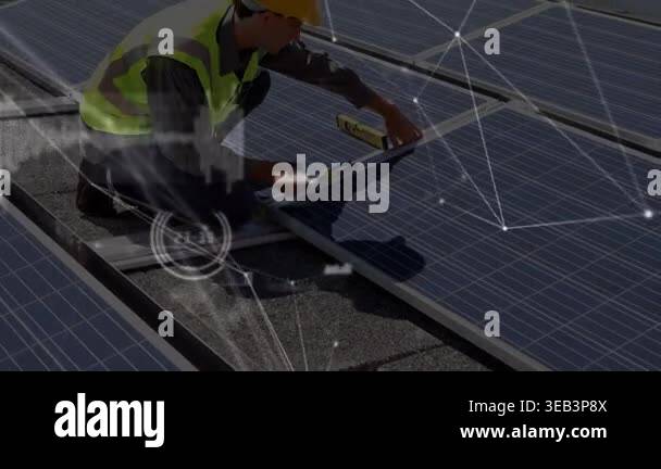 Animation of network of connections over solar panels and caucasian ...