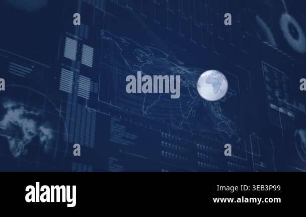 Animation of globe data processing on navy background. global ...