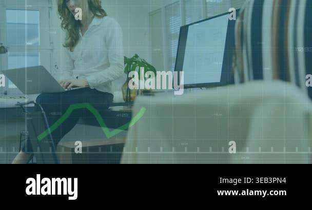 business woman pulling laptop and typing on bench while animated graph ...