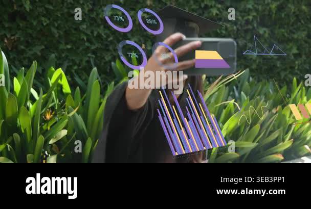 Female grad bringing phone forward, taking selfie, raising diploma ...