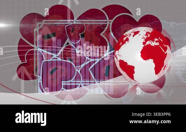 Animation of globe and data processing over hearts and world map on ...