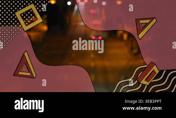 Animation of abstract shapes and patterns over city street with car ...