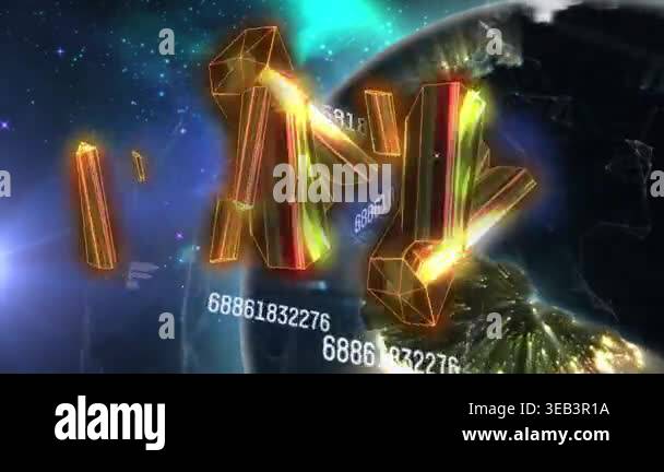 Animation of globe with glowing block and numbers processing. Global ...