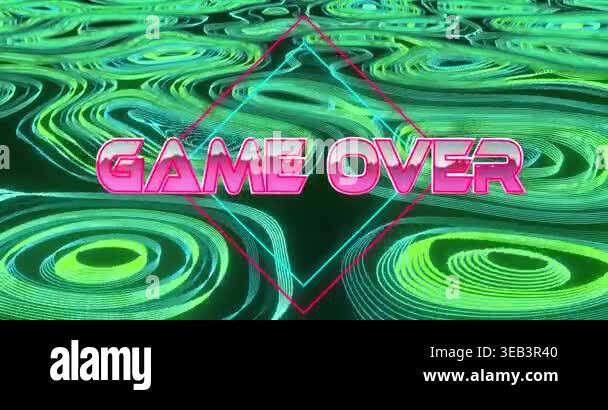 Animation of bold pink Game Over text over neon abstract wavy patterns ...
