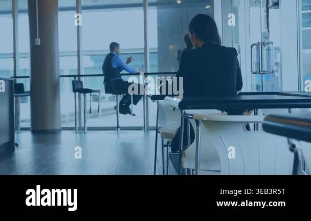 Animation of earth day text over diverse business people in office ...