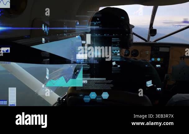 pilot controlling yoke in cockpit, engaging digital graphs and data ...