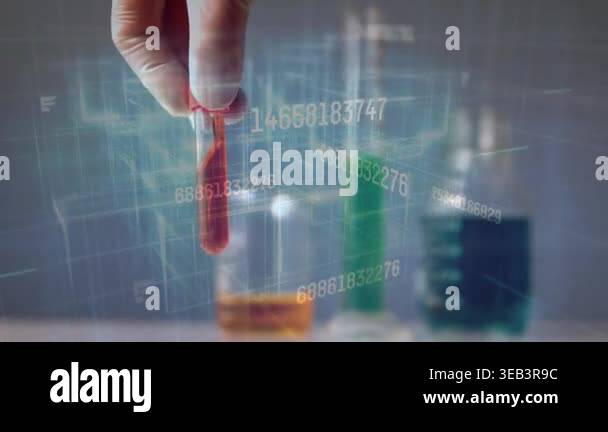 Animation of numbers over hand of lab worker holding sample with ...